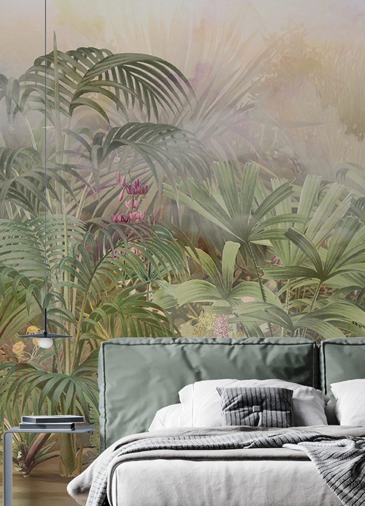Morning Tropical Garden Green Multicolour Mural Vinyl Wallpaper | Imary ...