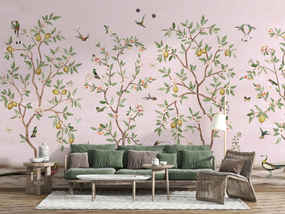 Stunning Pink Chinoiserie Lemon Tree Wallpaper Mural | Made in Australia