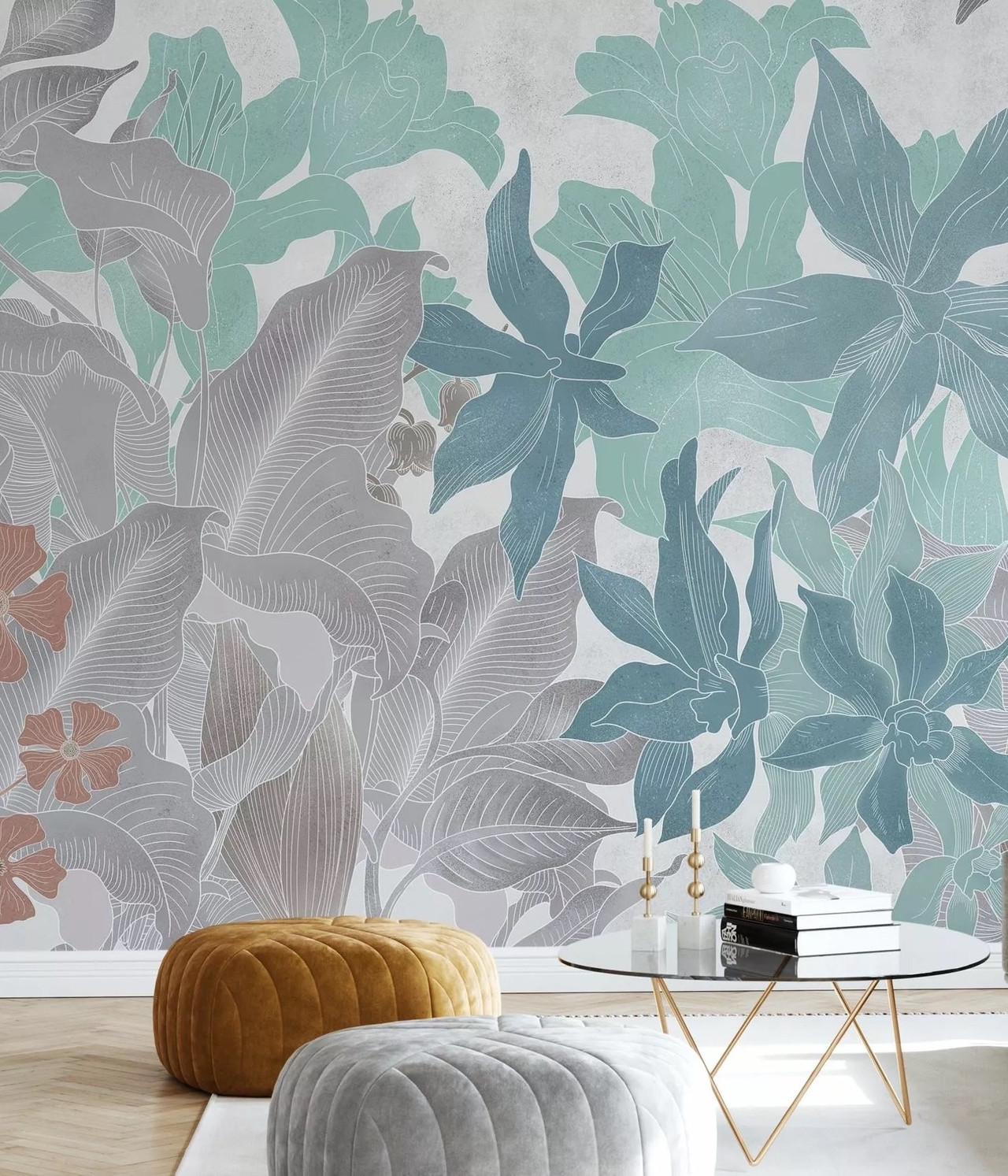 Large Scale Flowers Leaves Foliage Golden Wallpaper Mural