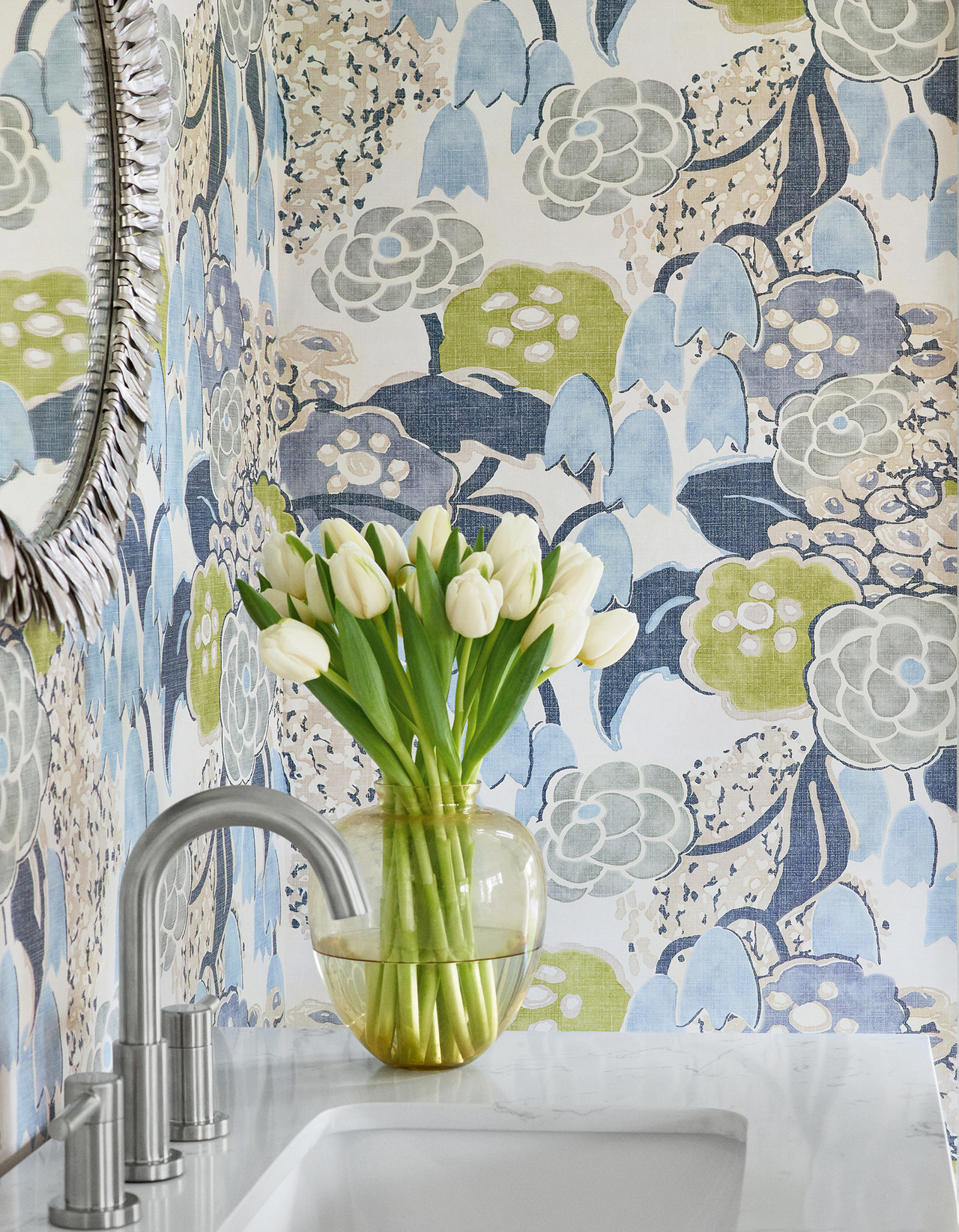 Large Scale Floral Motif Citrus Blue Wallpaper | Anna French Pyramid