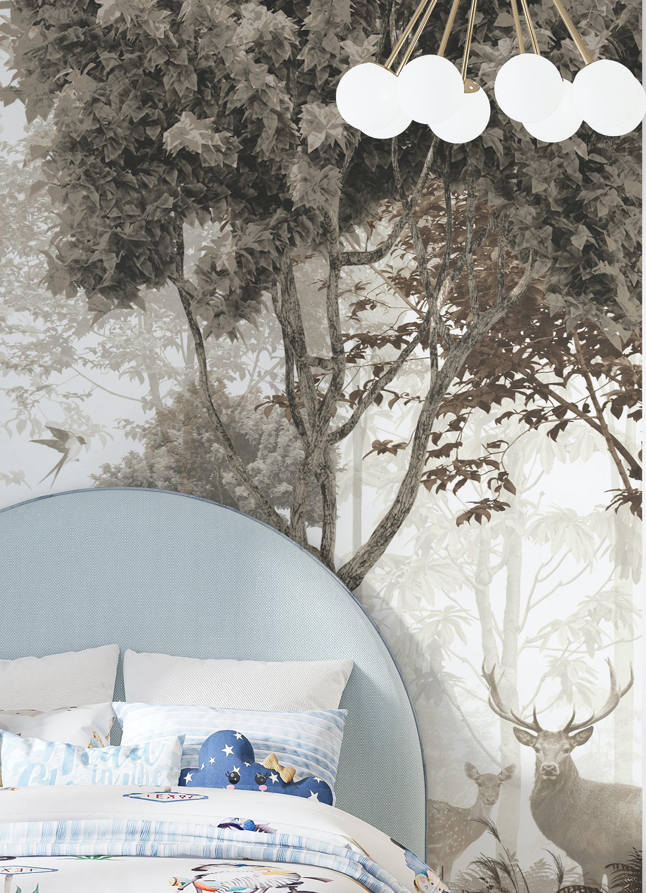 Beautiful Treescape Forest Wallpaper Mural with Deer and Birds