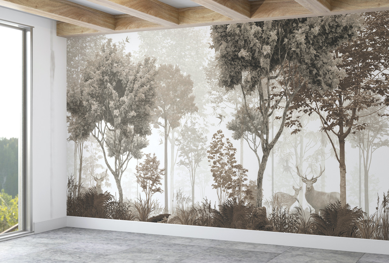 Beautiful Treescape Forest Wallpaper Mural with Deer and Birds