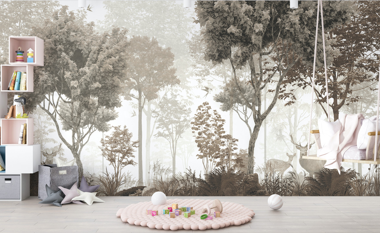 Beautiful Treescape Forest Wallpaper Mural with Deer and Birds