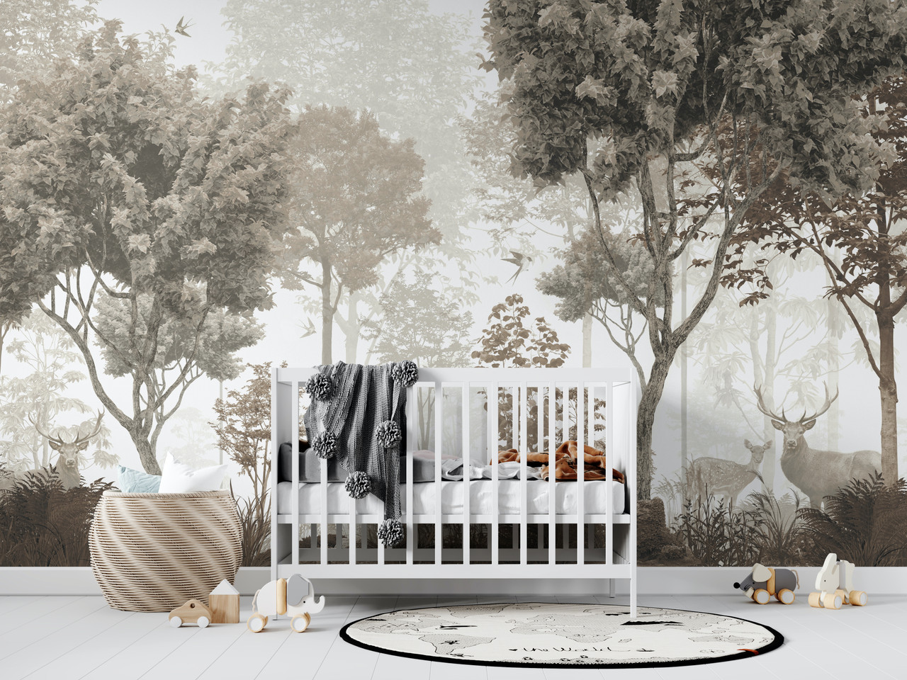 Beautiful Treescape Forest Wallpaper Mural with Deer and Birds