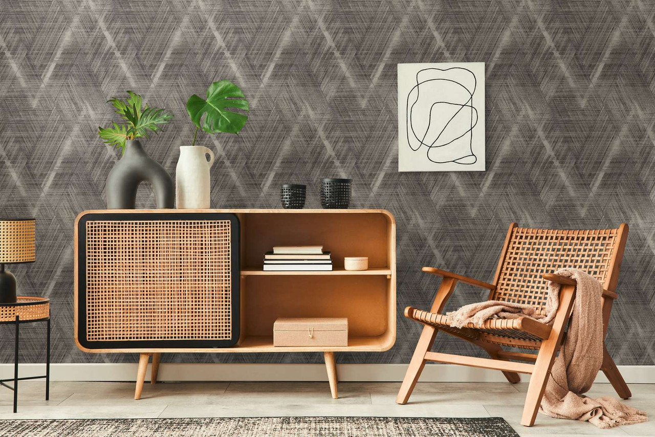 Chevron Linen Effect Black Beige Silver Metallic Wallpaper | AS ...