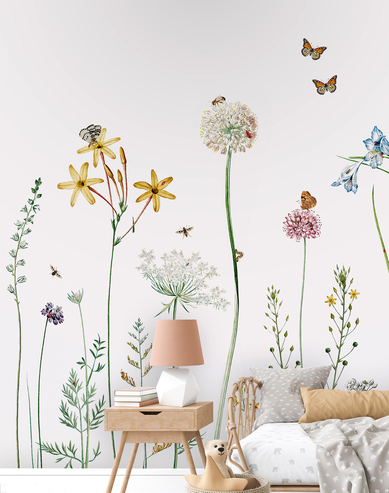 Butterfly Floral Garden Wallpaper Wall Mural White Multicolour | Made ...