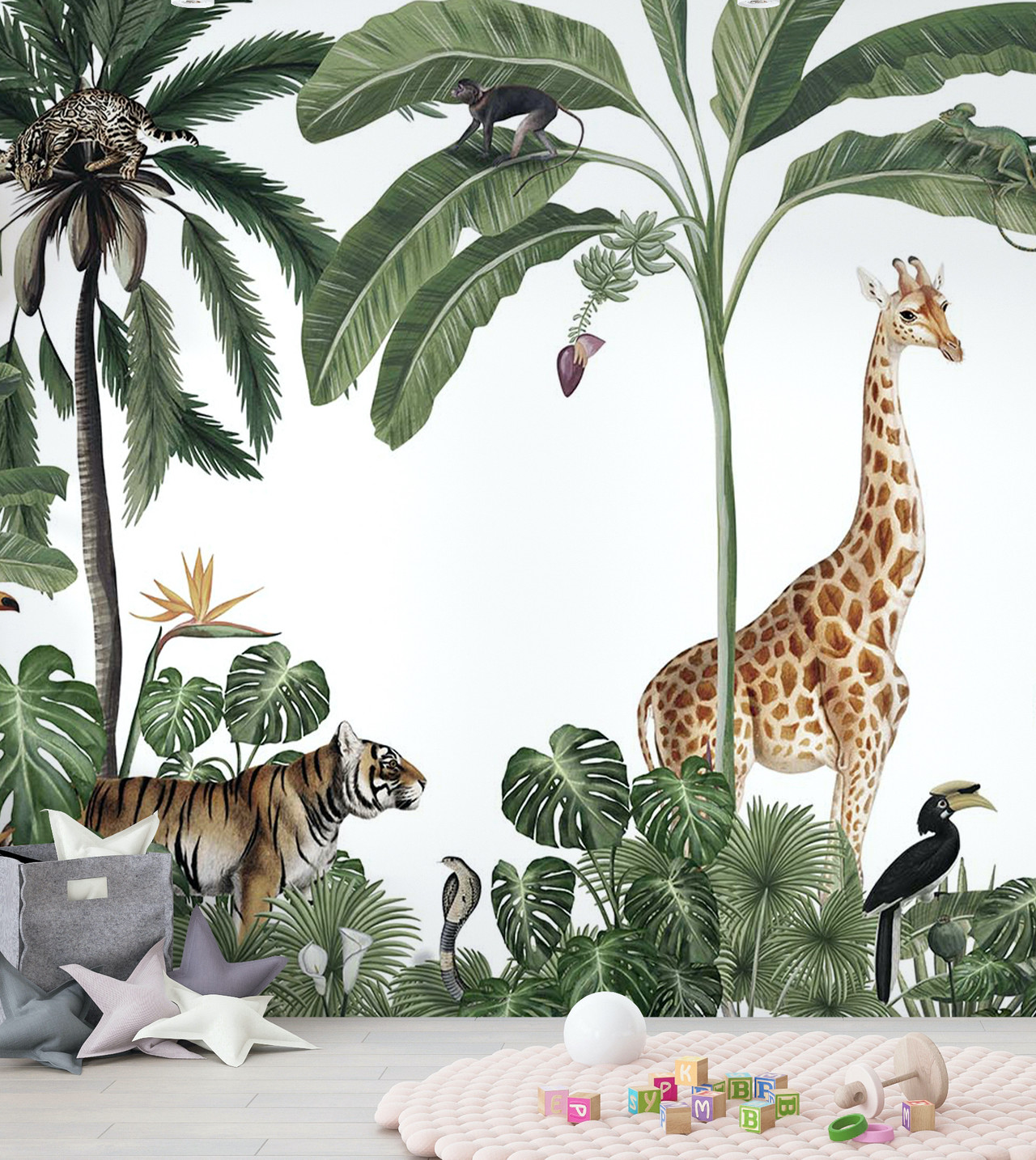 Amazonia Tropical Jungle Animals Wallpaper Mural | Zebra Giraffe Exotic ...