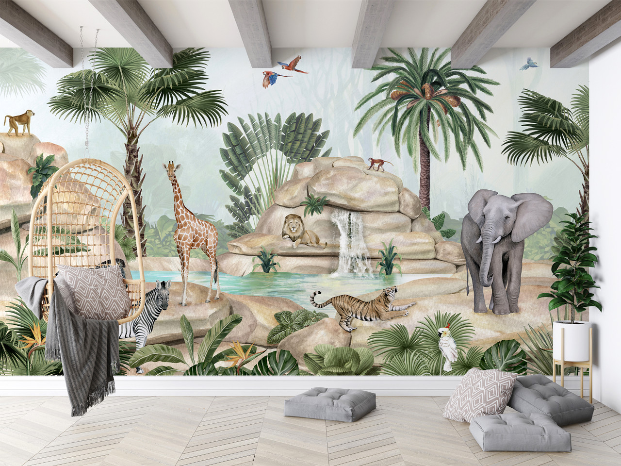 Jungle Animals and Palm Trees Watercolour Wallpaper Mural