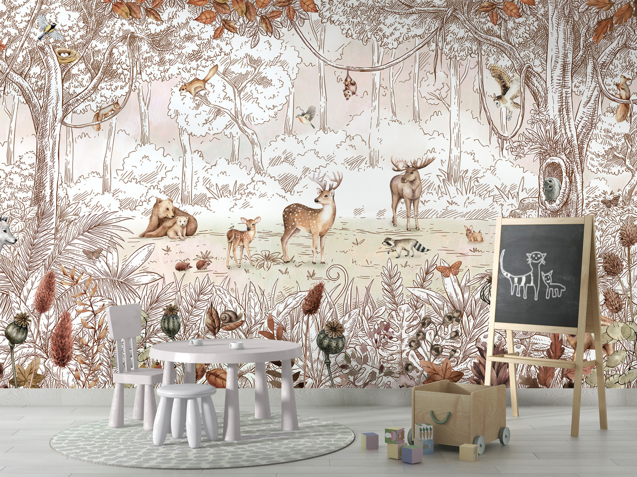 Forest Animals Orange Sepia Sketch Wallpaper Mural