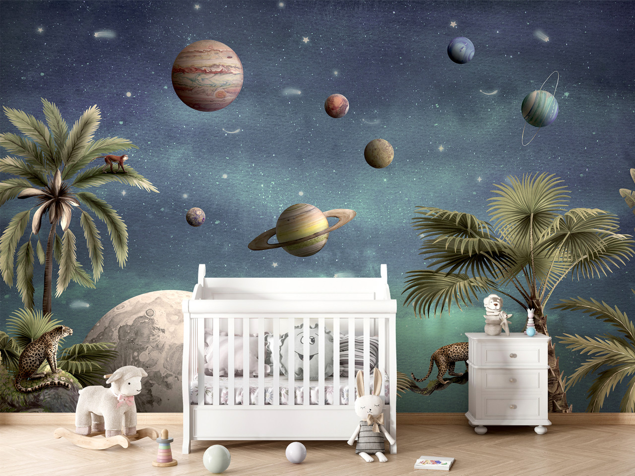 Watercolour Galaxy Planets and Palms Wallpaper Mural