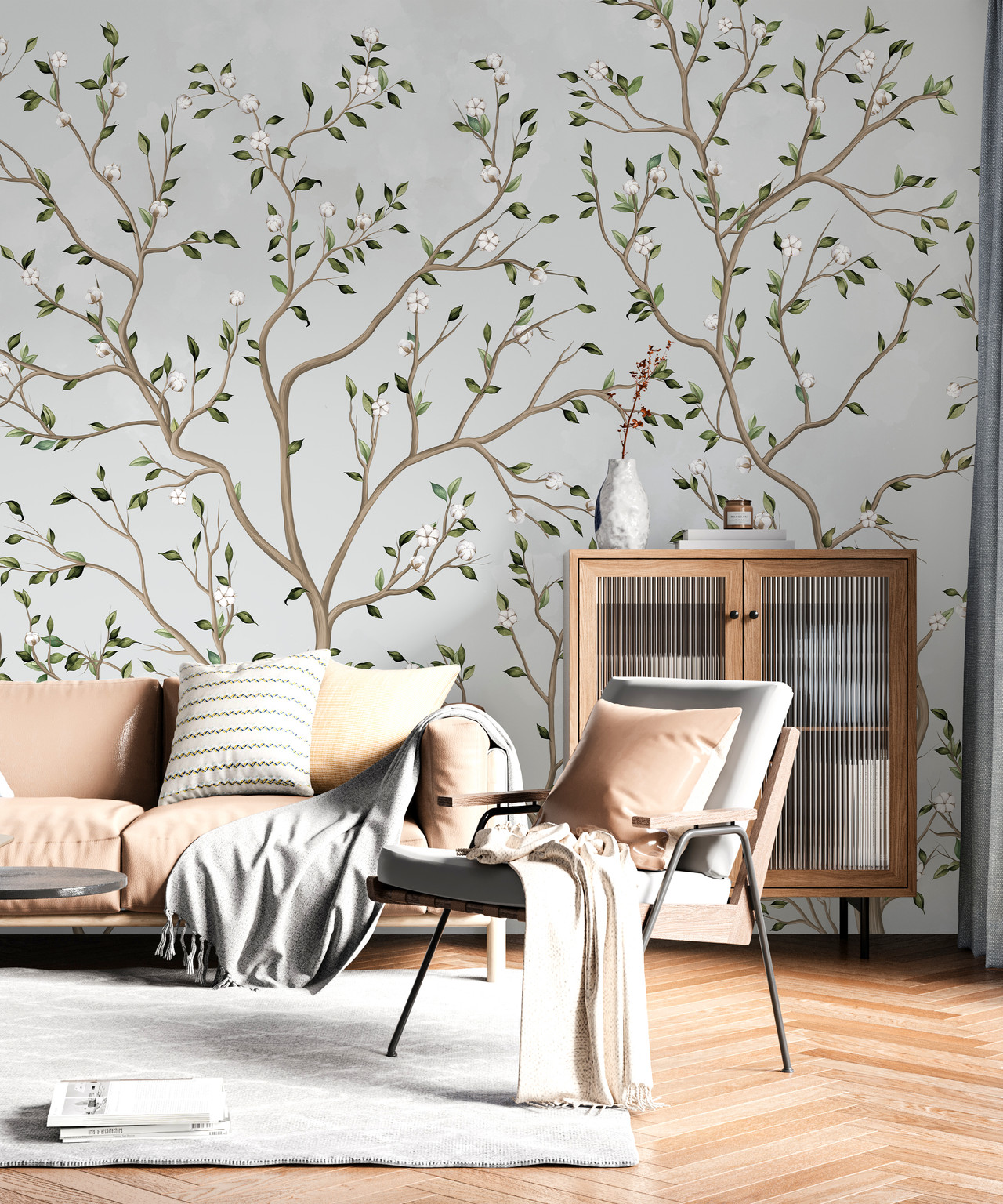 Sky Blue Woodland Trees with Cotton Flowers Wallpaper Mural