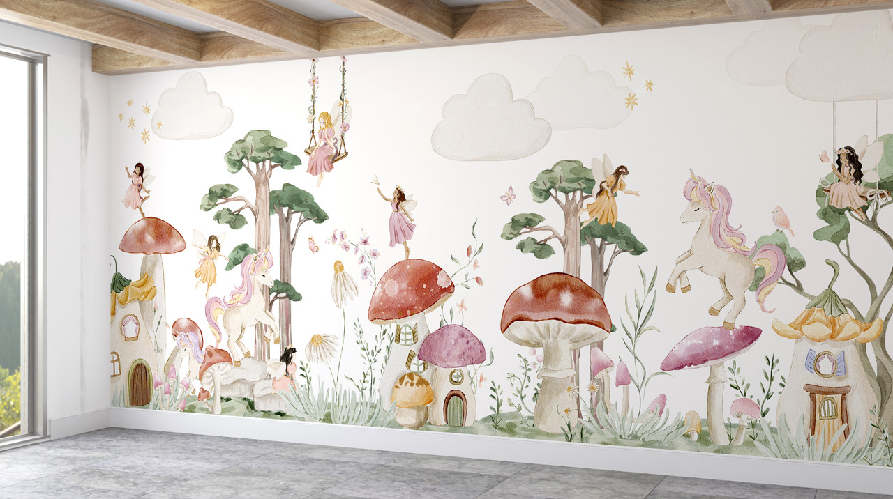 Enchanted Fairy Garden Wallpaper Mural with Unicorns