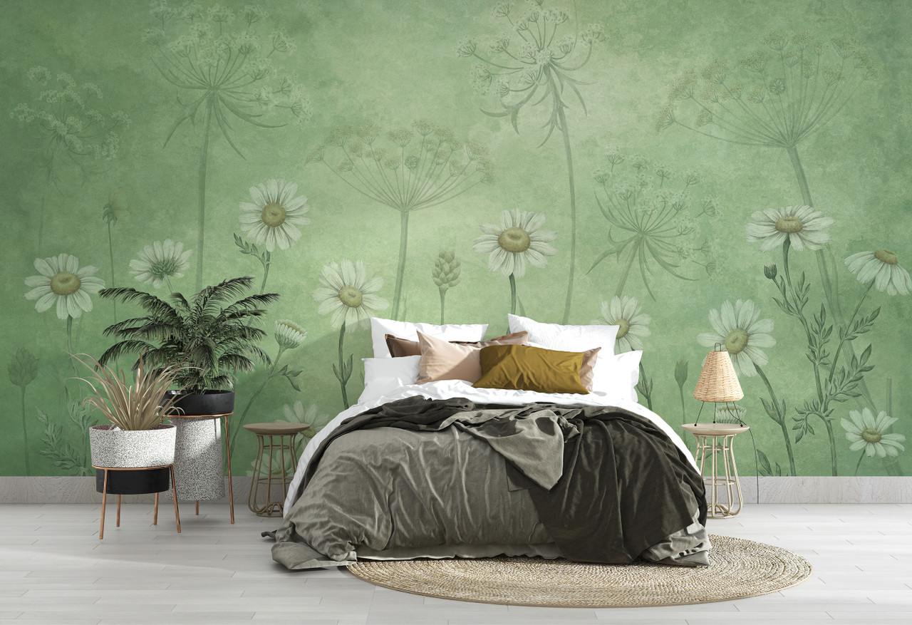 Green Watercolour Daisy Flowers Wallpaper Mural | Made in Australia
