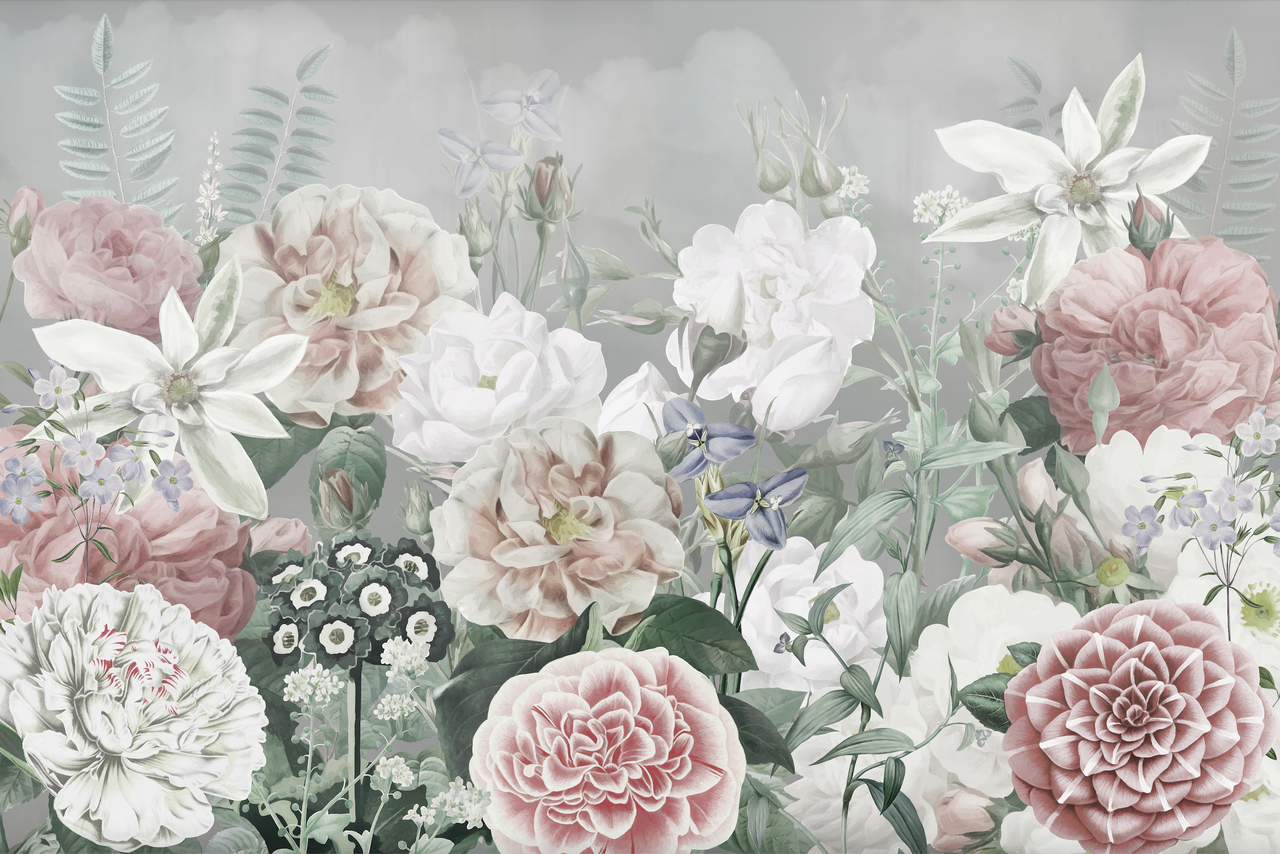 Grey Large Scale Floral Wallpaper Mural | Dahlia Carnation Peony ...