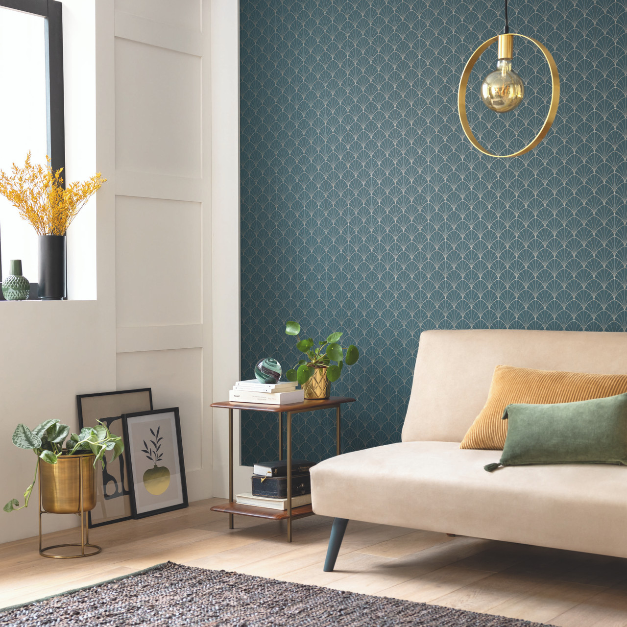 Art Deco Graphical Golden Motifs Blue Vinyl Wallpaper | Caselio Edgar