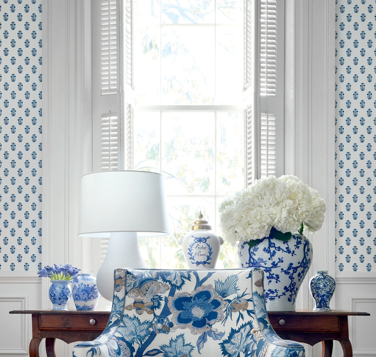 Small Scale Floral Blue White Wallpaper | Thibaut Corwin