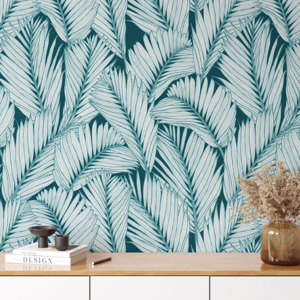 Tropical Island Palm Fronds Dark Blue Wallpaper | Patricia Braune ...
