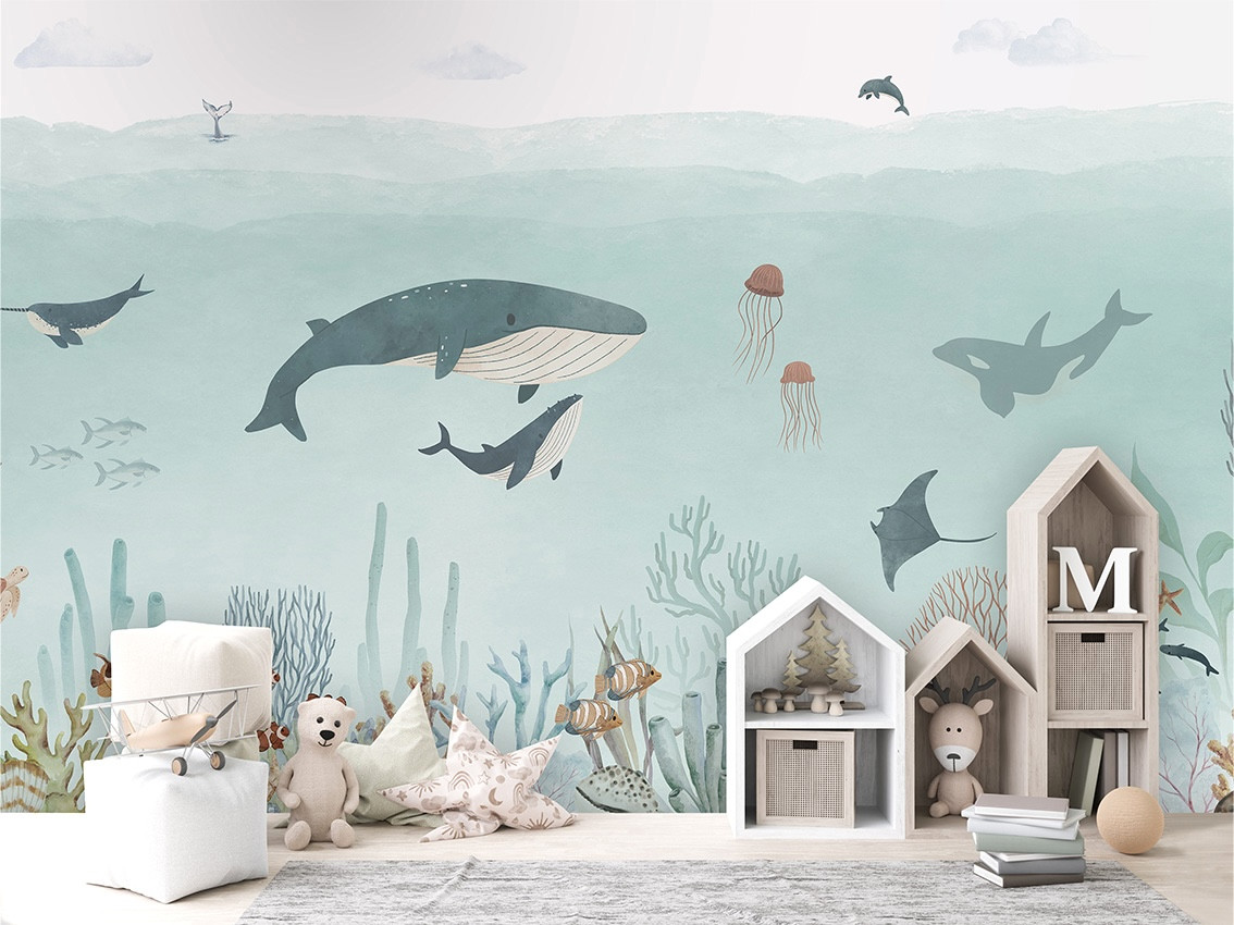 Kids Underwater Theme Wallpaper Aqua Blue Mural | Oliver Robbins ...