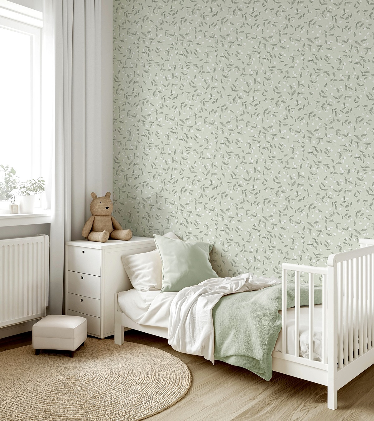 Tiny Floral Buds Leafy Stems Sage Green Wallpaper | Lilipinso Pretty Buds