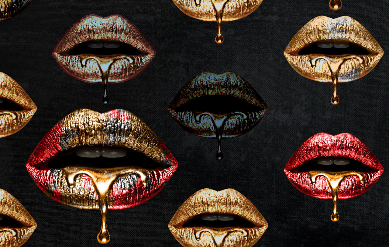 Black Gold and Red Lips Dripping Paint Wallpaper Mural