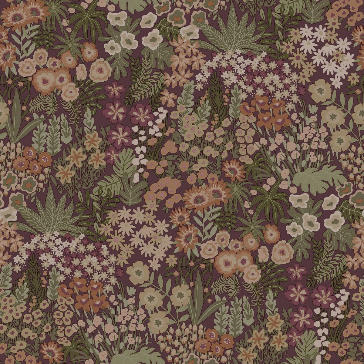 Scandi Effect Leafy Floral Garden Purple Mulberry Wallpaper