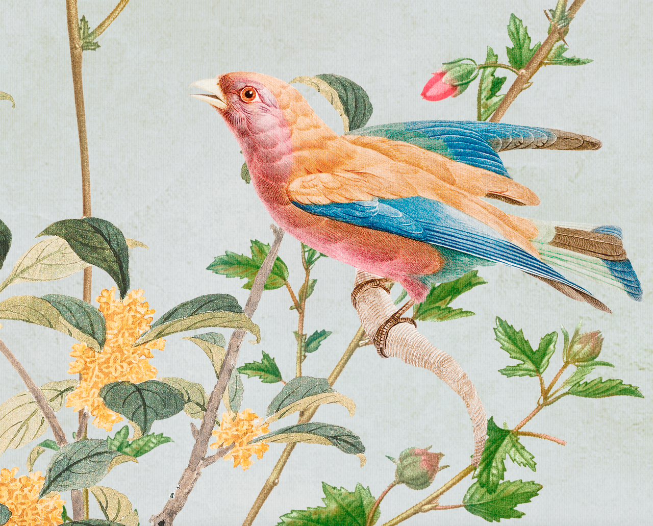 Soft Blue Chinoiserie Botanical Birds and Buds Wallpaper Mural
