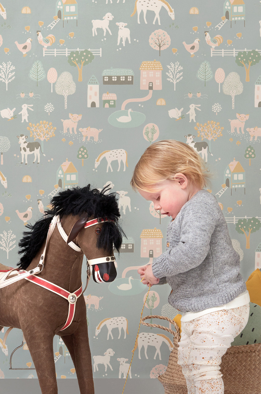 Fun Childrens Farm Animals Blue Wallpaper | Majvillan My Farm