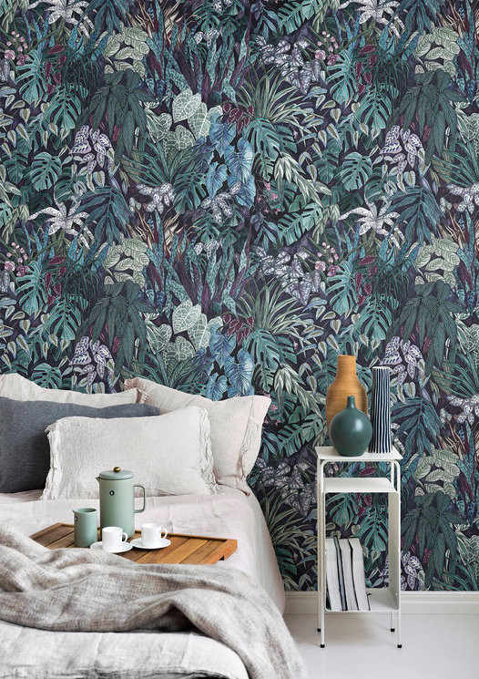 Lush Illustrated Foliage Scenescape Teal Green Wallpaper Mural ...