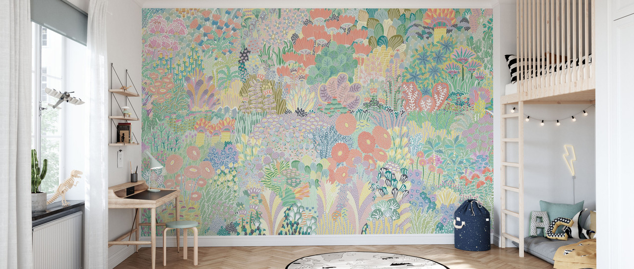 Crayon Style Colourful Plants Wallpaper Mural
