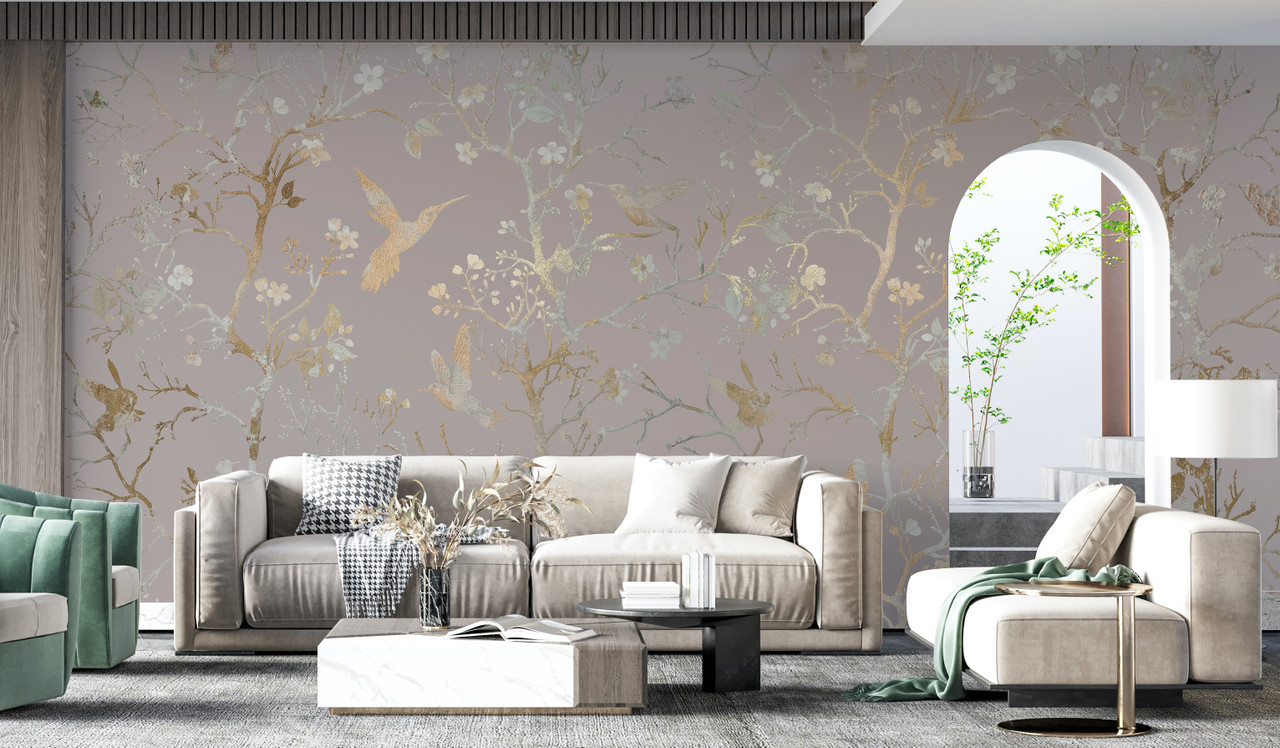 Lilac Purple and Gold Luxurious Chinoiserie Tree Bird Wallpaper Mural