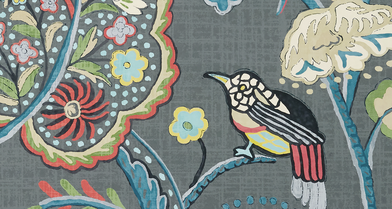 Paisley Style Floral and Birds Grey Wallpaper | Thibaut Windsor