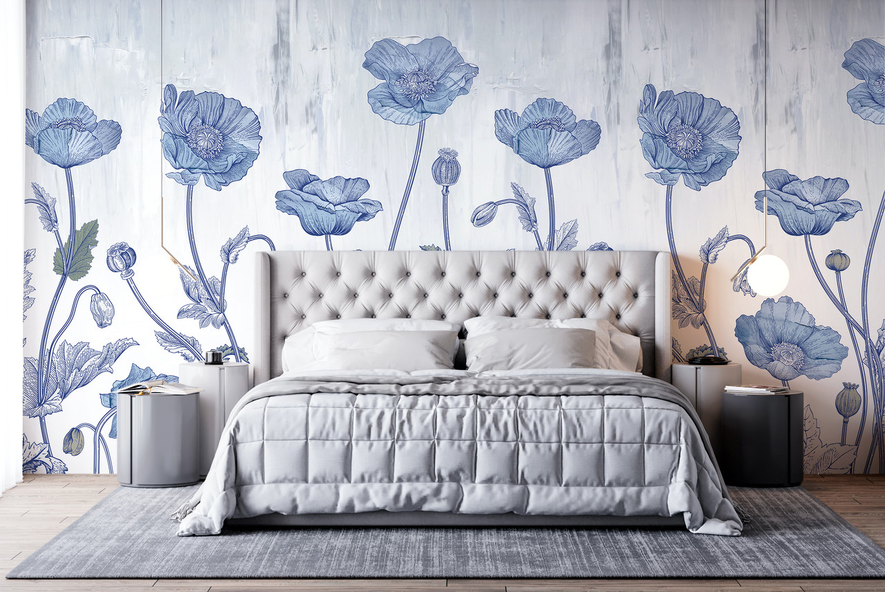 Belle Floral Blue Watercolour Paint Effect Background Wallpaper Mural
