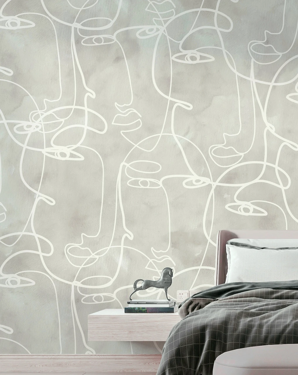 Modern Line Art Faces Abstract Stone Grey Wallpaper Mural