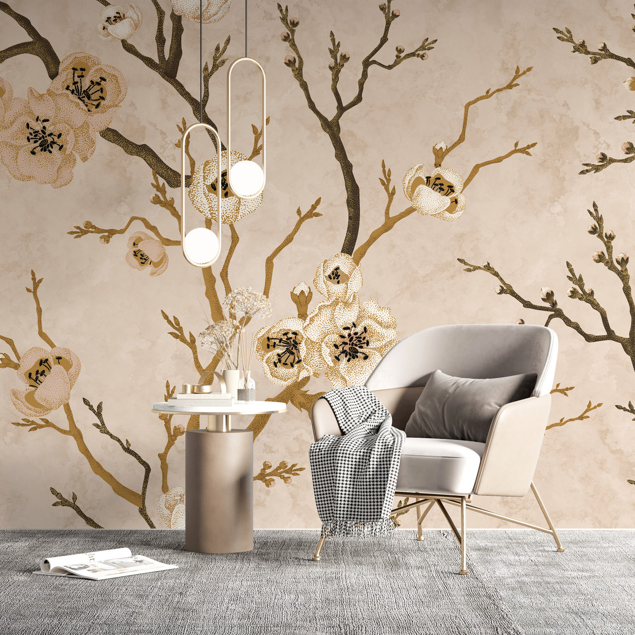 Japanese Sakura Cherry Blossom Tree Sand and Blush Wallpaper Mural
