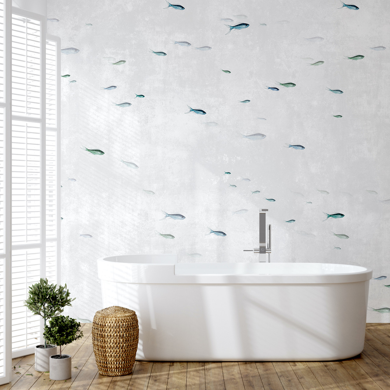 Lagoon Blue, Green and Grey Swimming Fish Coastal Wallpaper Mural