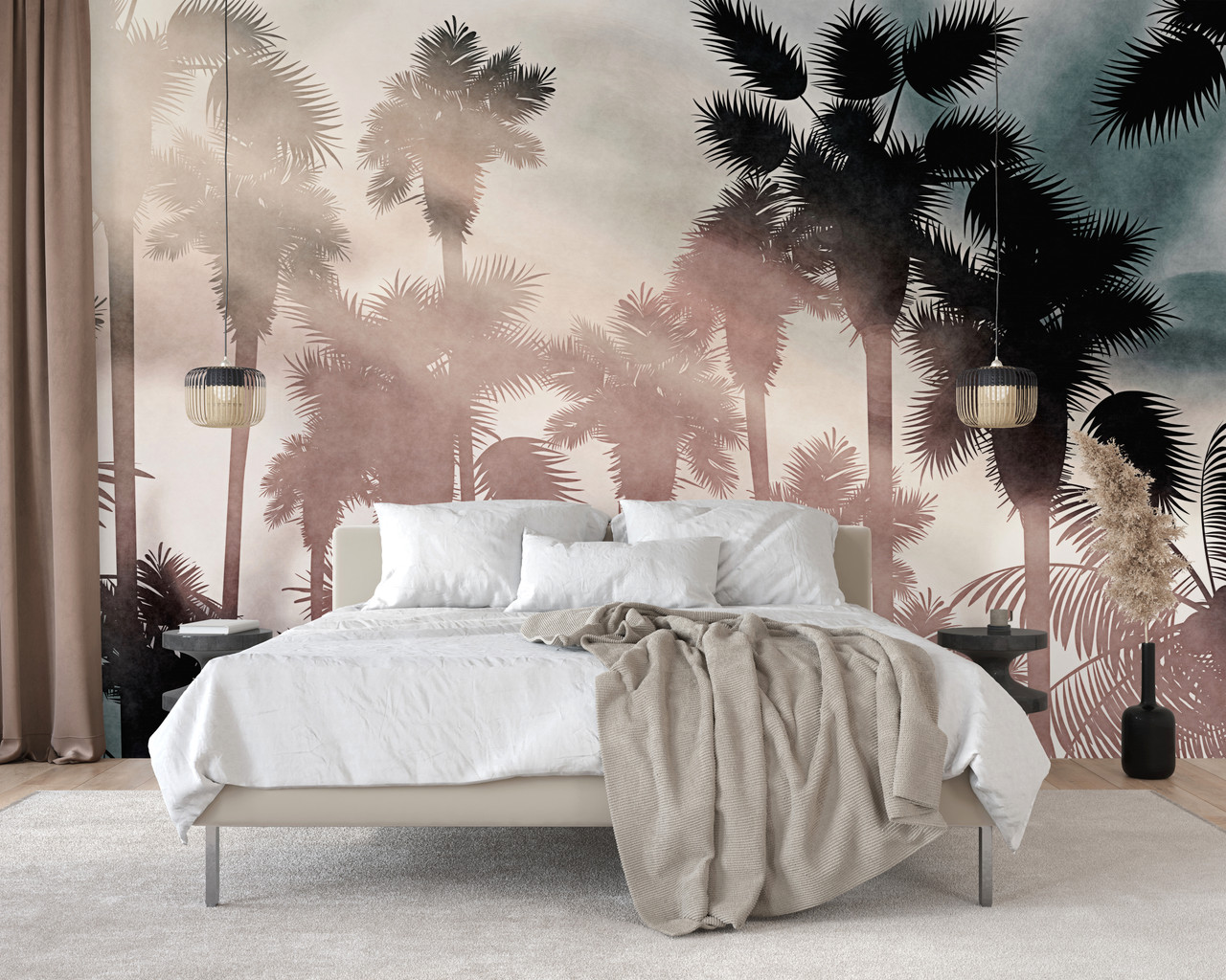 Tropical Palm Trees Black Pink and Teal Boulevard Wallpaper Mural