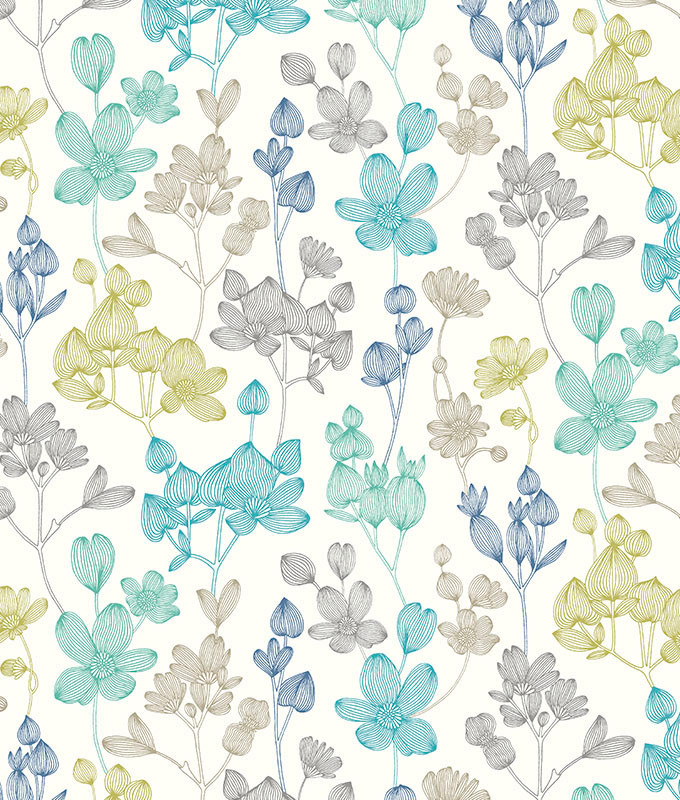 Delicate Small Scale Line Drawing Effect Leaves Blooms Blue Wallpaper ...