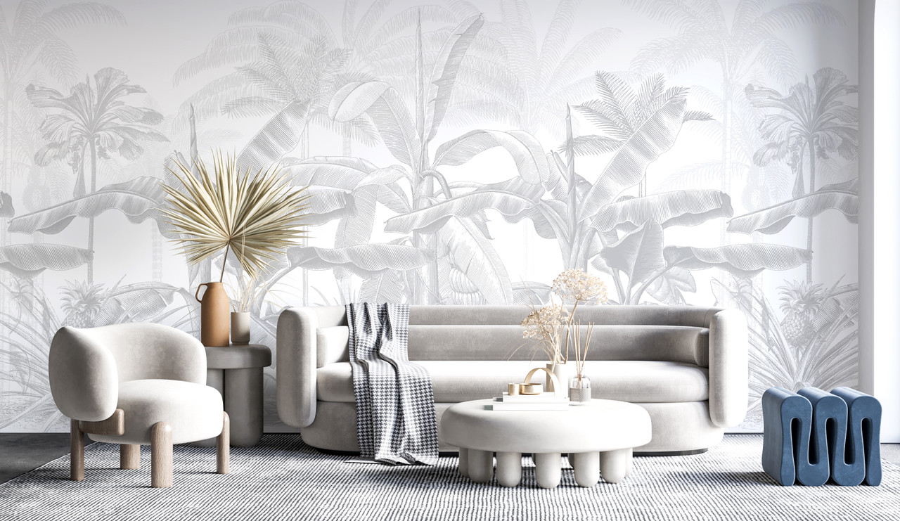 Light Grey and White Banana Palm Trees Botanical Wallpaper Mural