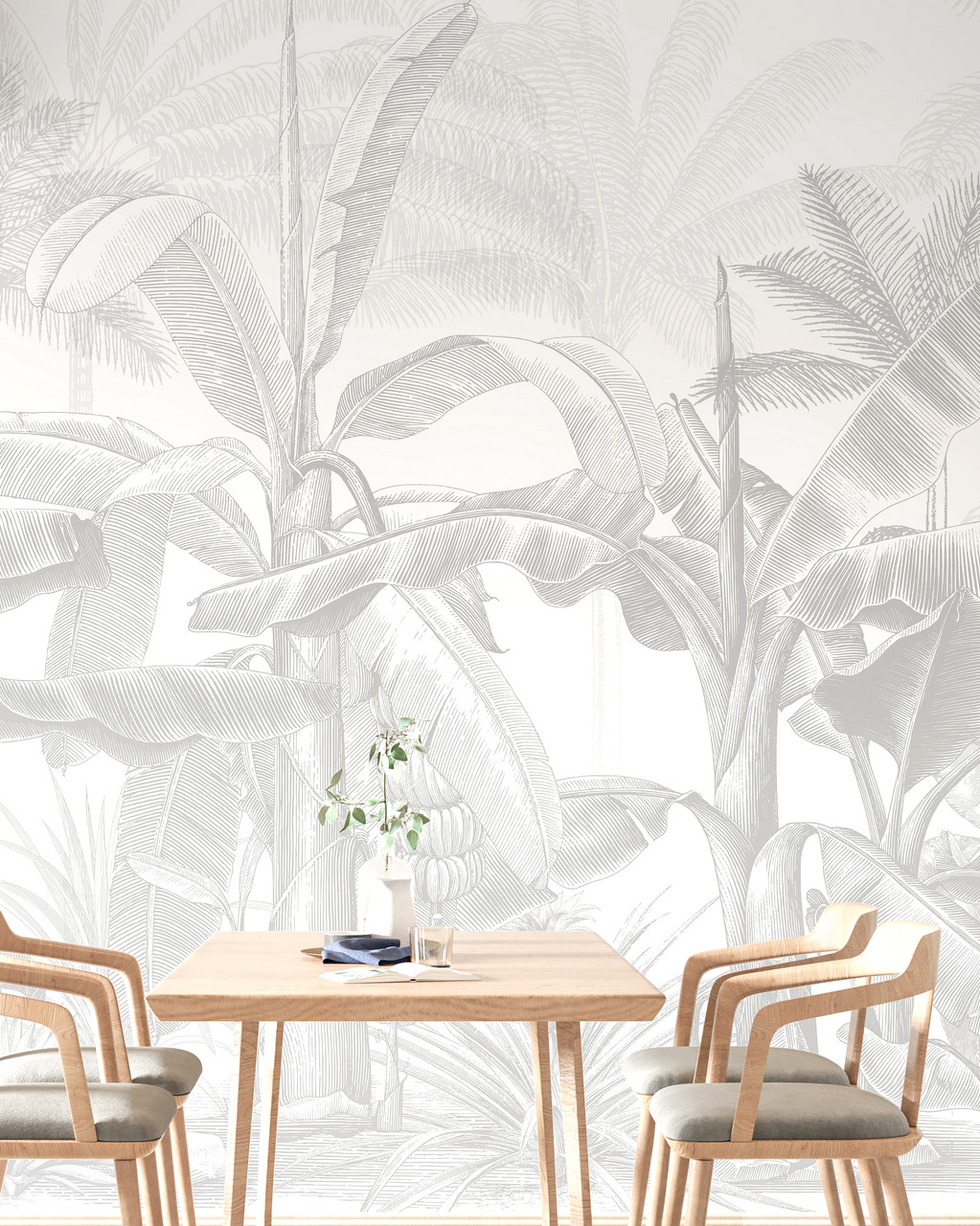 Light Grey and White Banana Palm Trees Botanical Wallpaper Mural