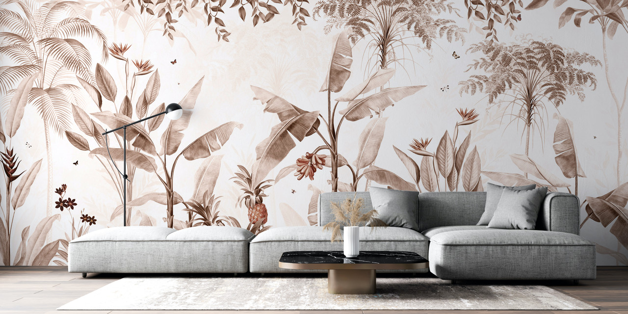 Tropical Jungle Designer Wallpaper Mural Sepia Brown | Vinyl or Non Woven