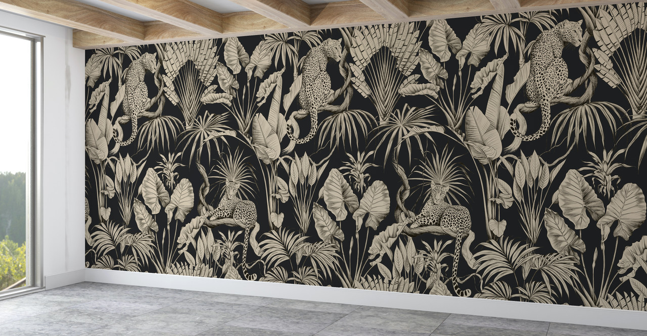 Charcoal and Cream Big Cats Leopard and Cheetah Jungle Trees Wallpaper ...