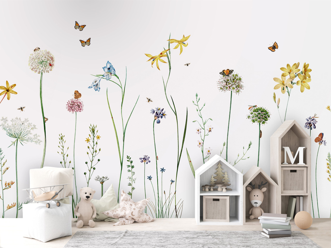 Butterfly Floral Garden Wallpaper Wall Mural White Multicolour | Made ...