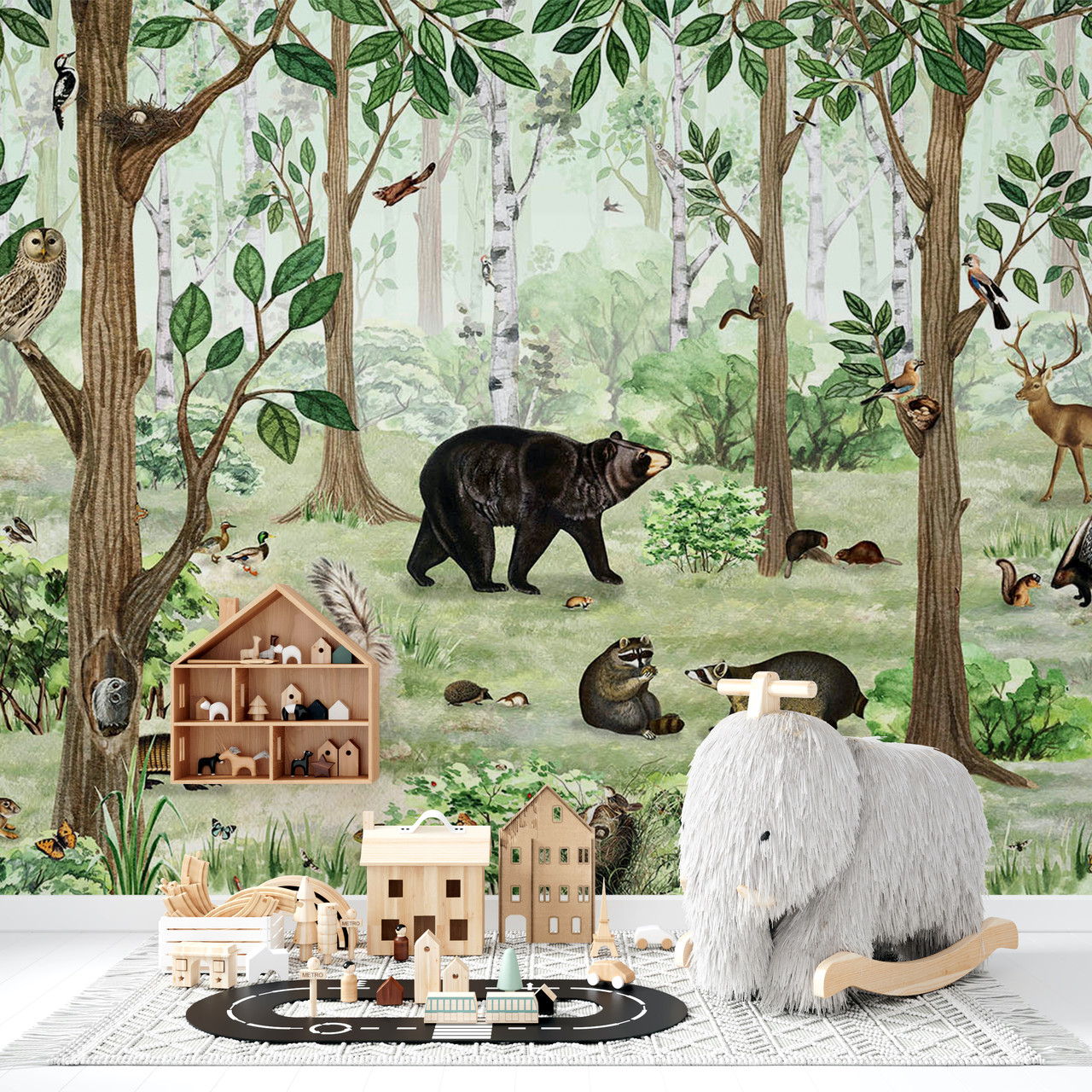 Forest Animals and Trees Watercolour Wallpaper Mural | Bears, Deer and Owls