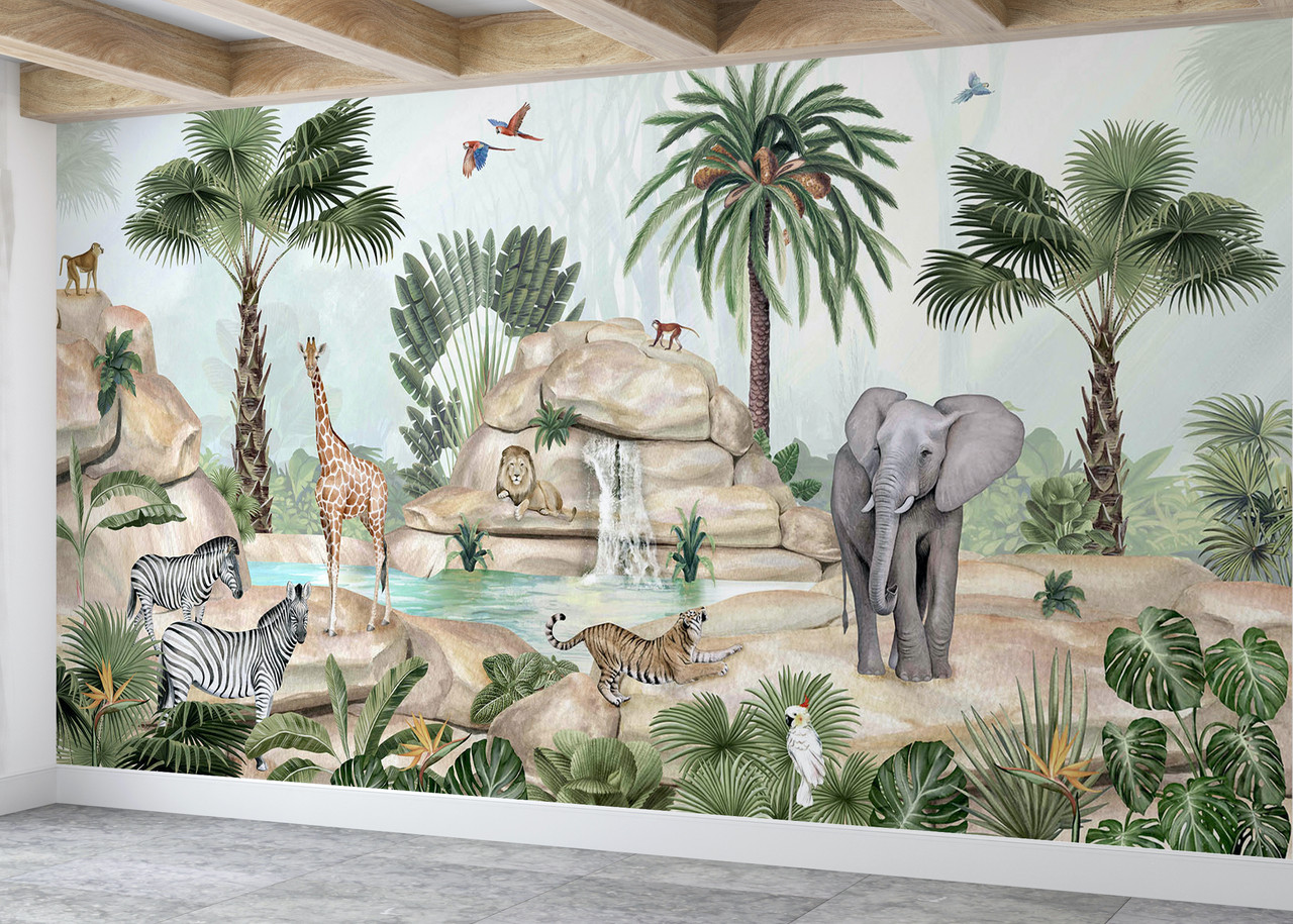 Jungle Animals and Palm Trees Watercolour Wallpaper Mural