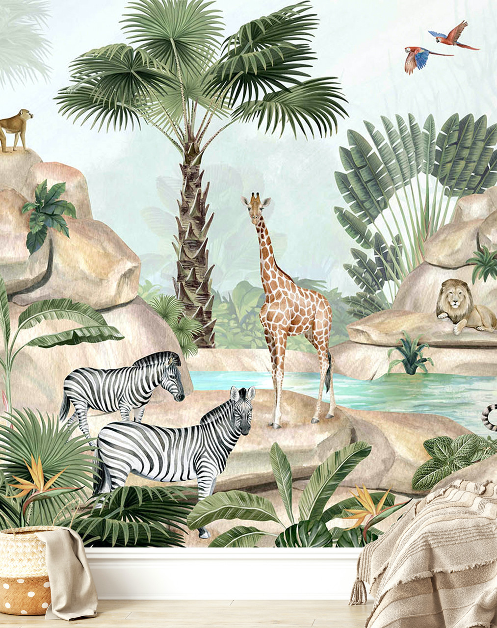Jungle Animals and Palm Trees Watercolour Wallpaper Mural