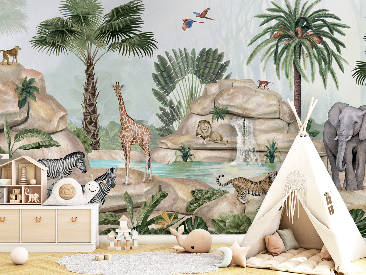 Jungle Animals and Palm Trees Watercolour Wallpaper Mural
