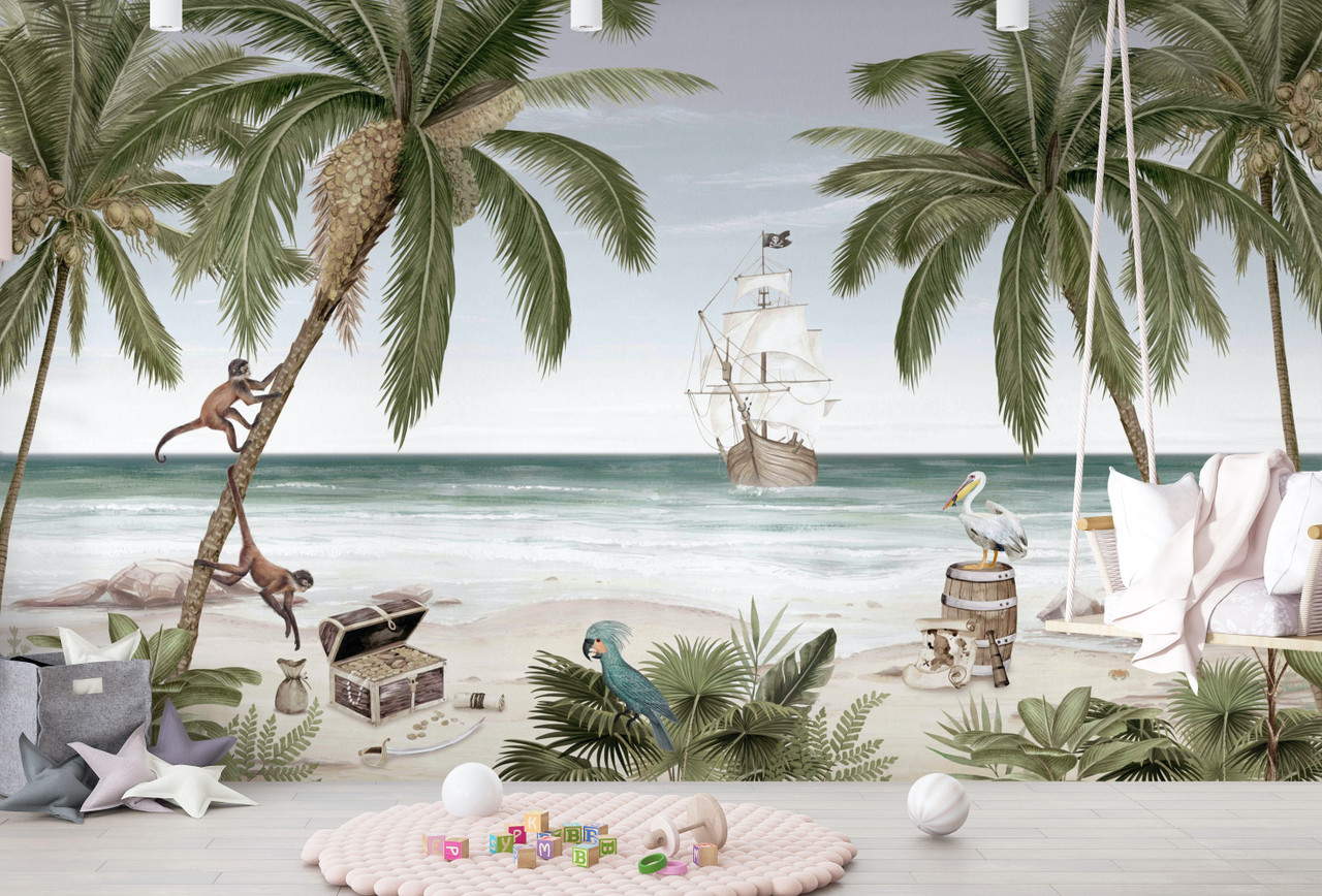 Tropical Pirate Scene Palms and Monkeys Watercolour Wallpaper Mural