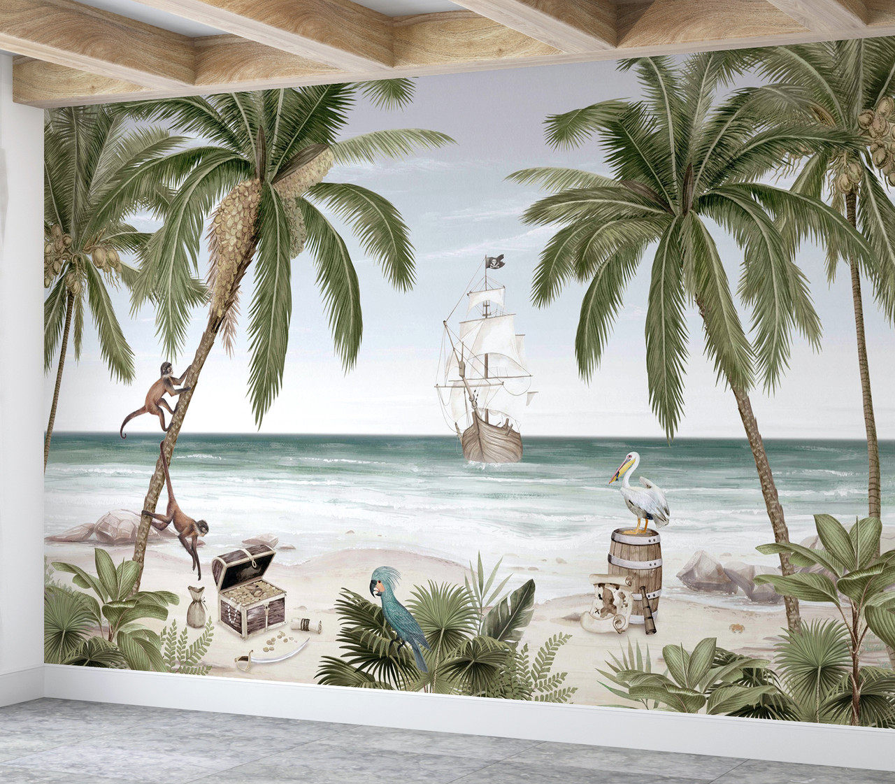 Tropical Pirate Scene Palms and Monkeys Watercolour Wallpaper Mural