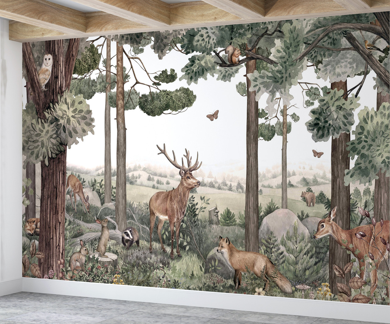 Forest Whimsical Woodland Animals Wallpaper Mural | Deer Bunny Trees