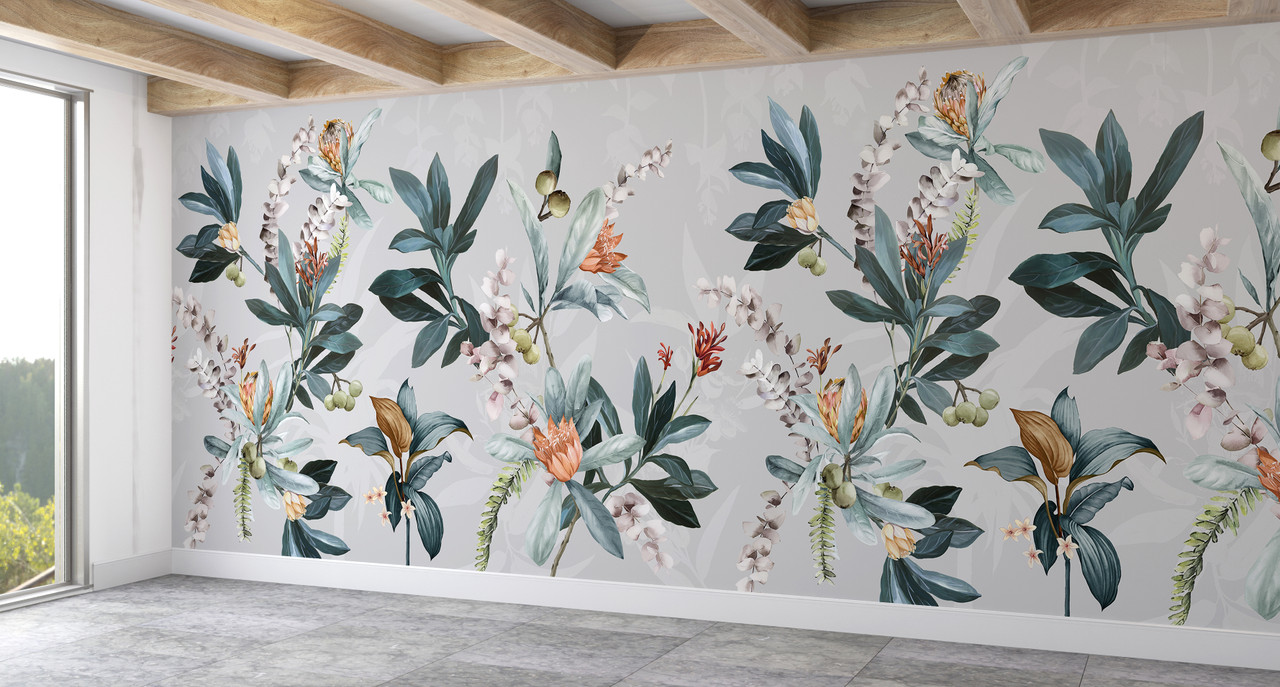 Grey Australian Botanical Plants Wallpaper Mural